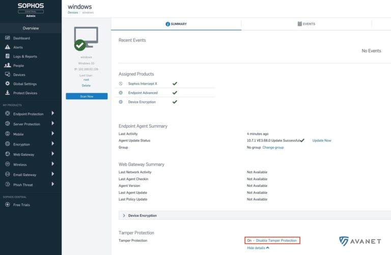 Disable Sophos Central tamper protection
