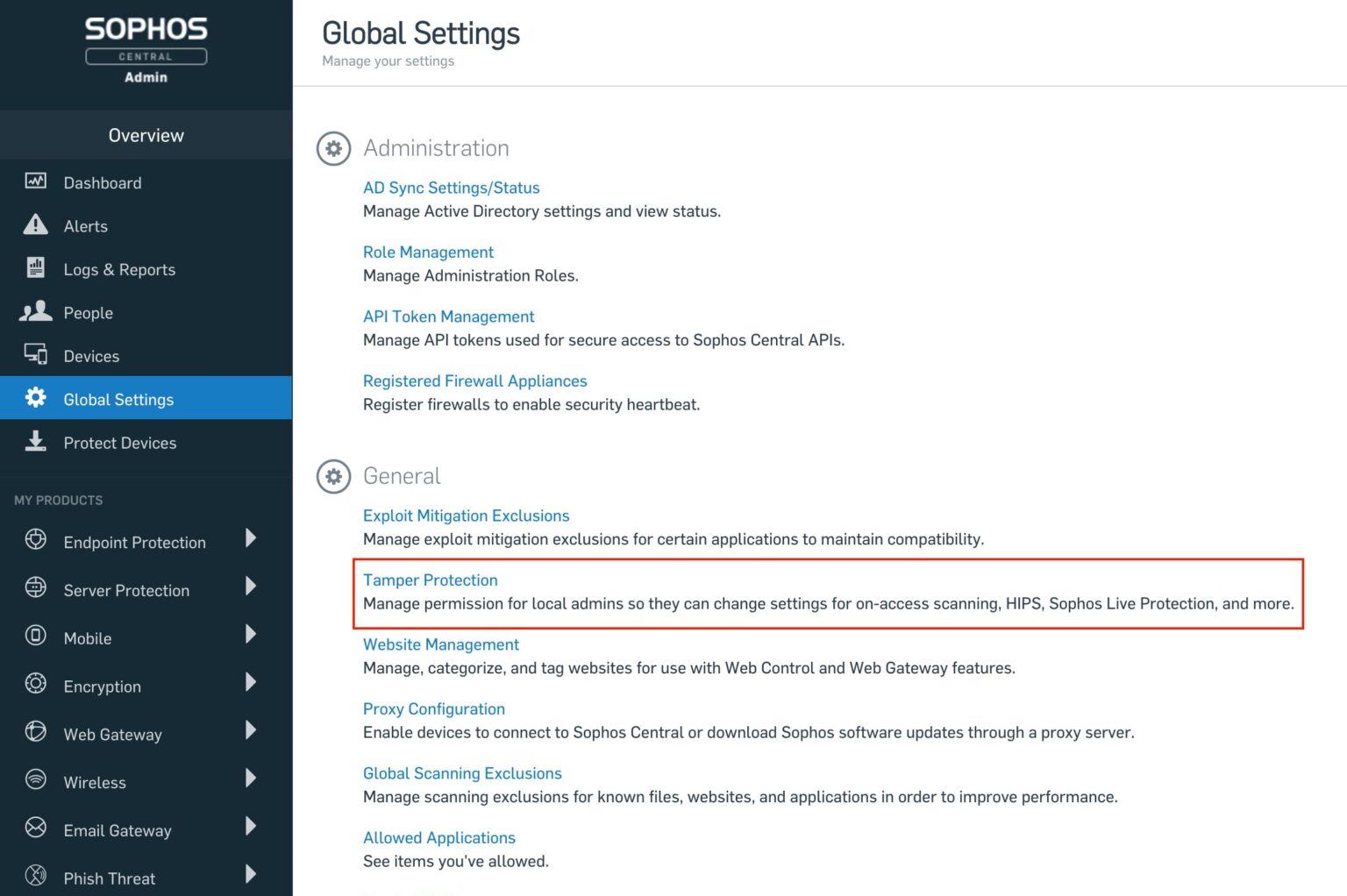 Disable Sophos Central tamper protection