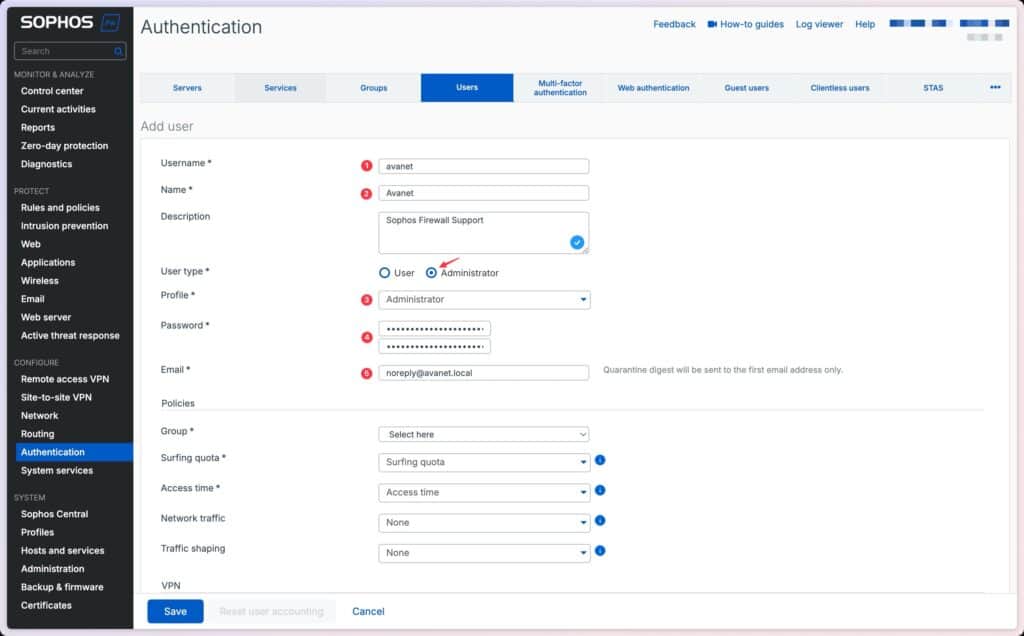 Setting up Avanet support access to Sophos Firewall
