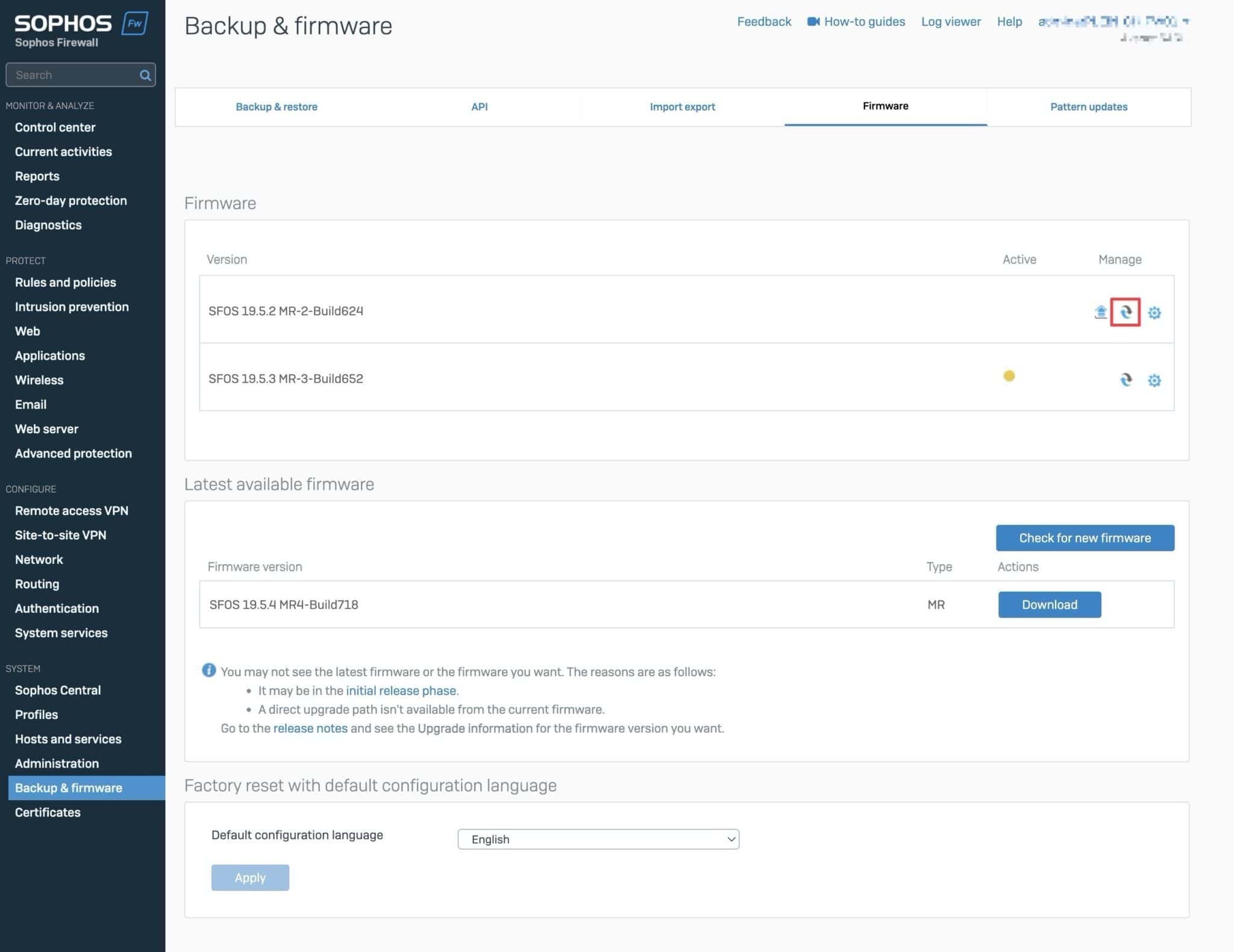 Updating the firmware on the Sophos Firewall (Firmware Update)