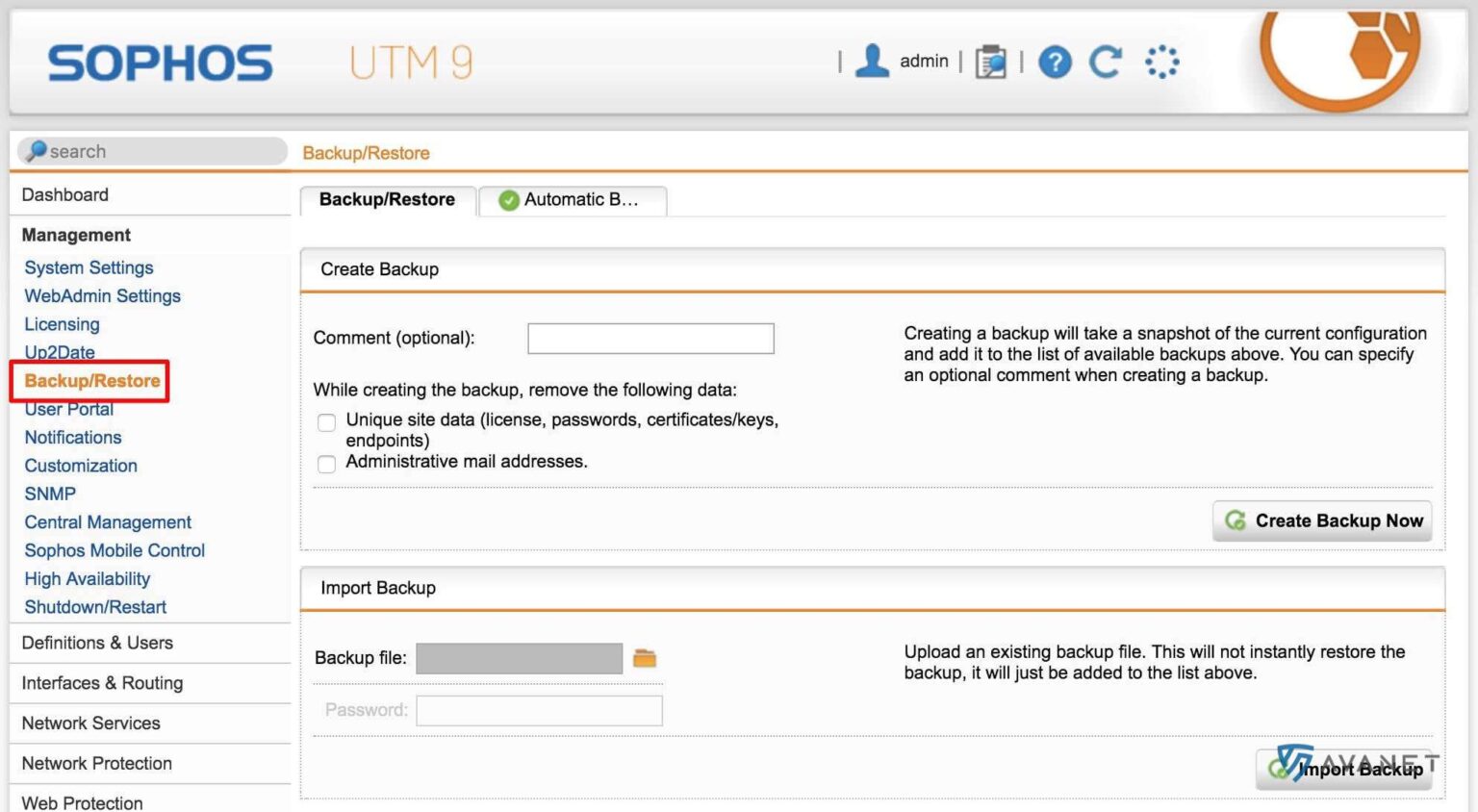 Create or restore Sophos UTM backup