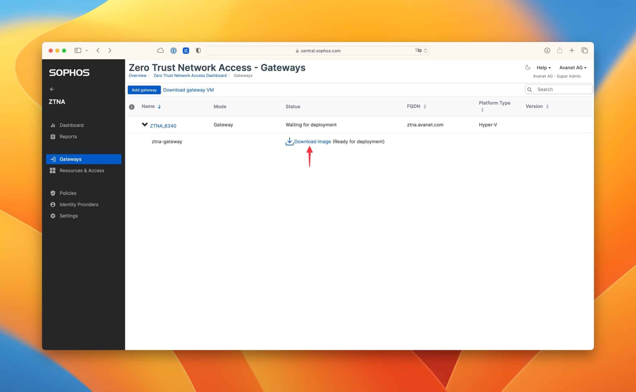 Create Sophos ZTNA Gateway